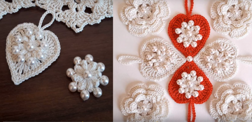 Crochet Flower And Heart With Pearls - Crochet Ideas