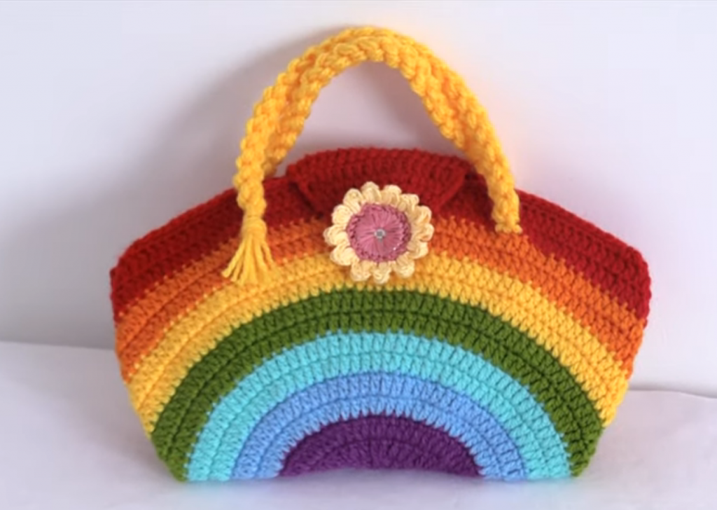 Crochet Rainbow Colored Bag With Flower - Crochet Ideas